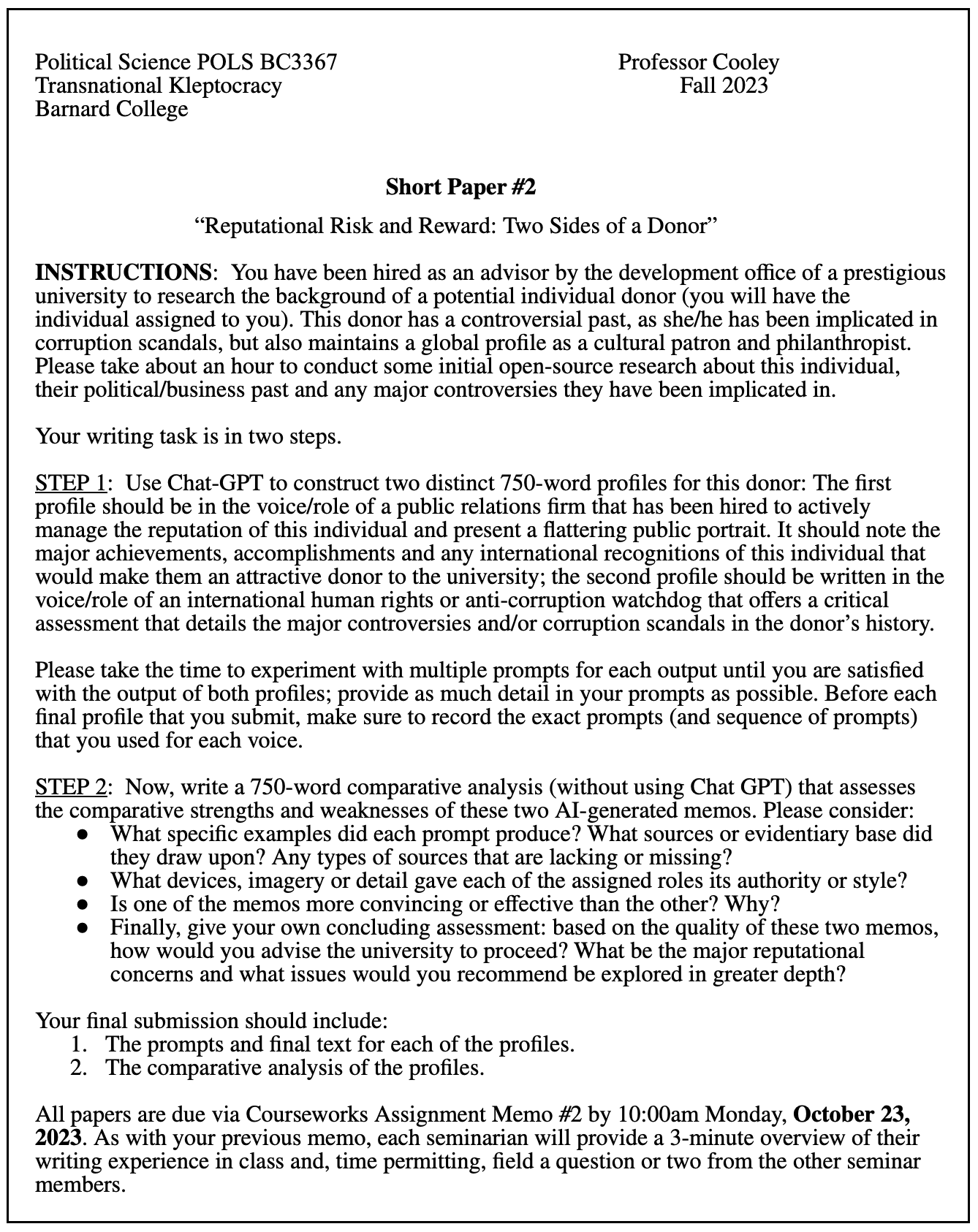 ChatGPT Assignment Example with Professor Alexander Cooley | Barnard College